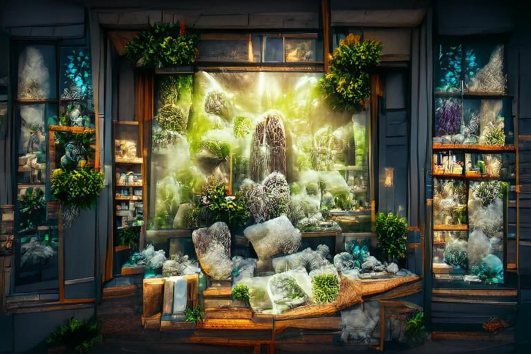 Beautiful nature store front window display with plants crystals moss ...