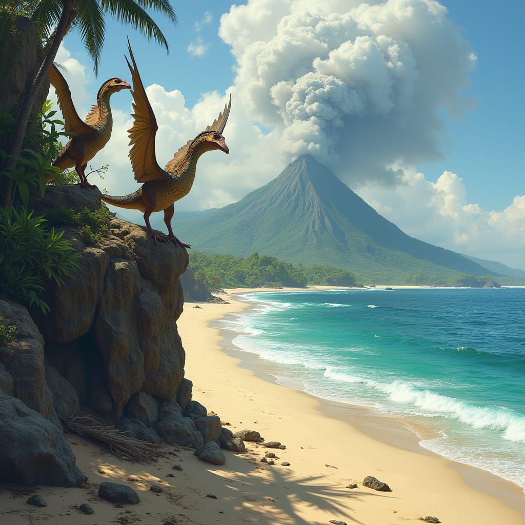 Pteranodon Perch on Cliff Face, Beach, and Volcani... - AI Art