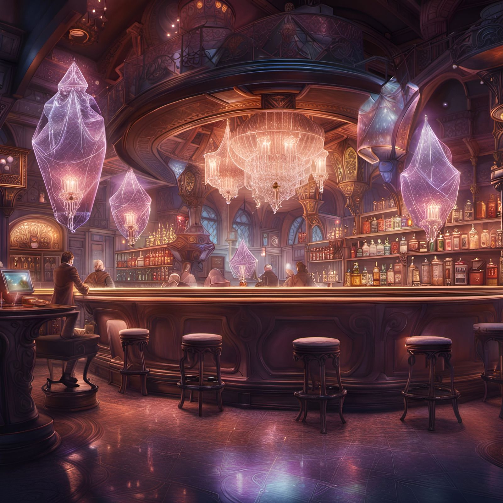Crystals city, fantasy, magic, bar lights, muted colors. intricate ...