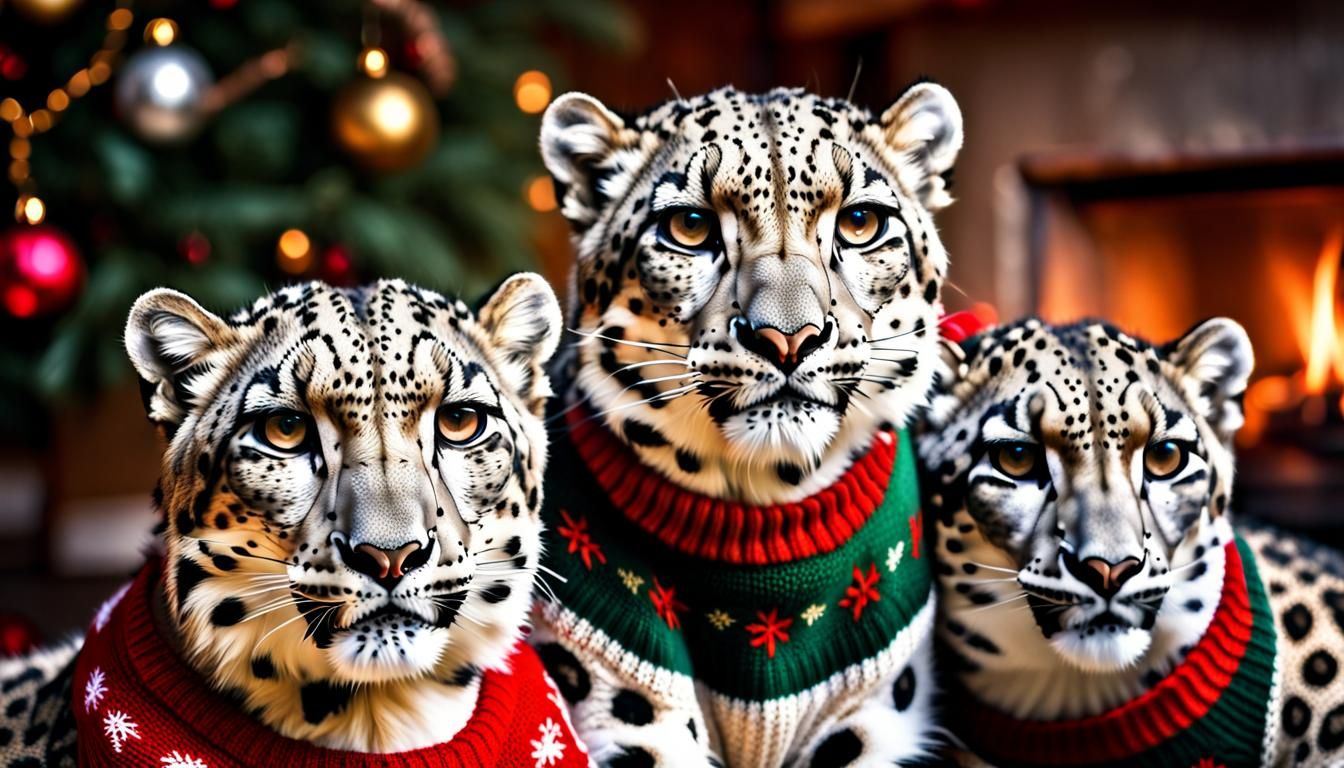 Snow leopards in Christmas sweaters enjoying Christmas - AI Generated ...