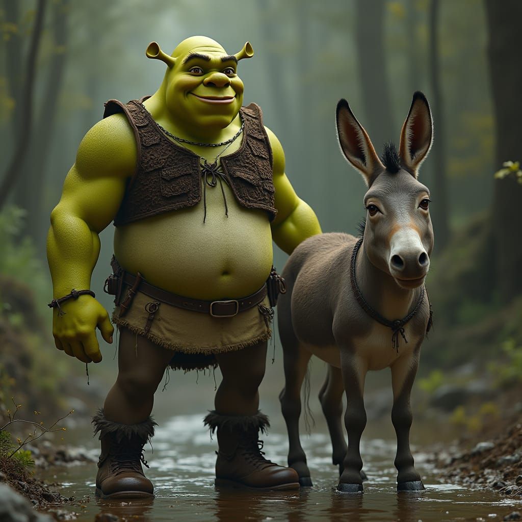 Realistic Shrek and Donkey in Swampy Setting - AI Art
