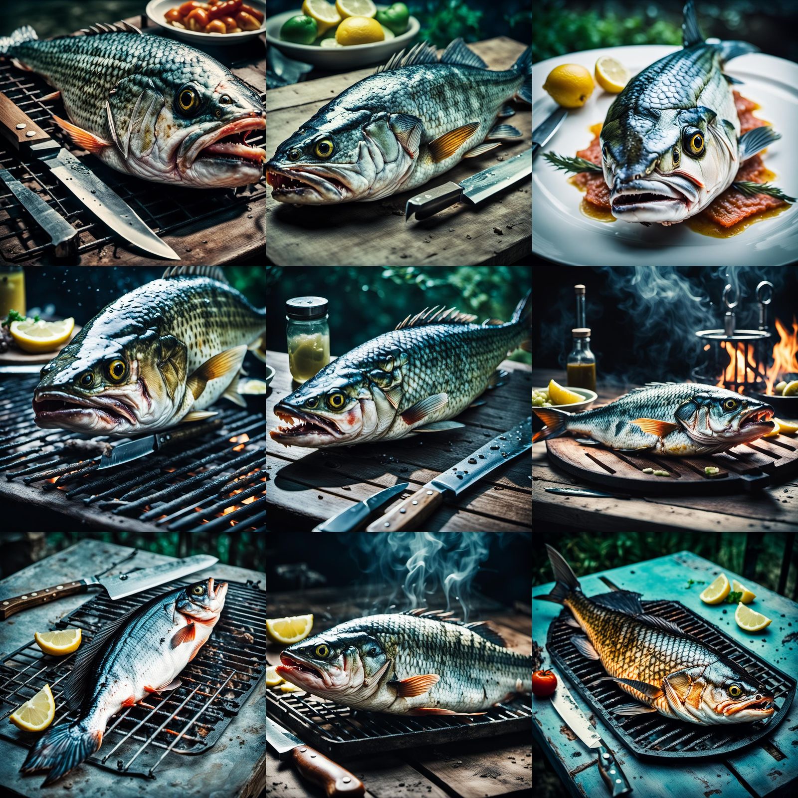 Insane fish, on a table, with a knife to the fish neck, realistic, nice ...