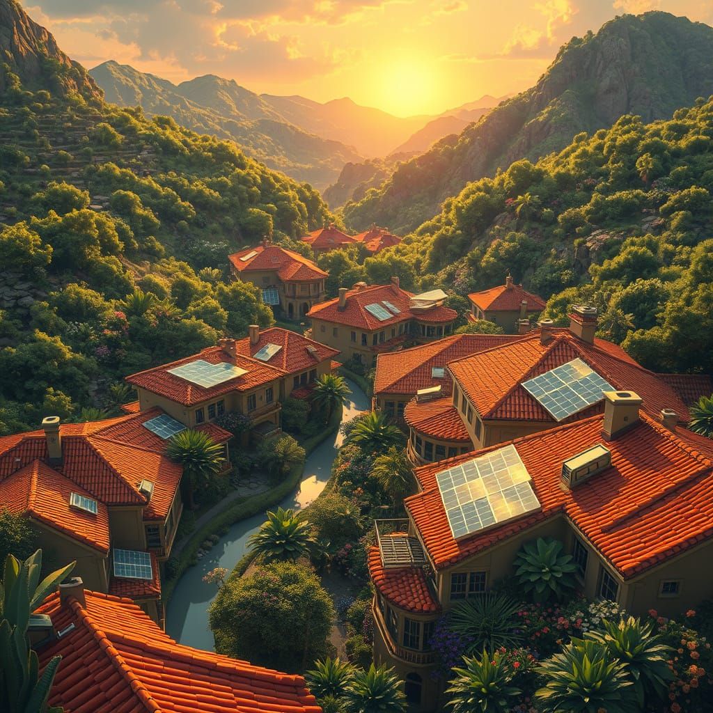 Solarpunk settlement with solar panels on roofs