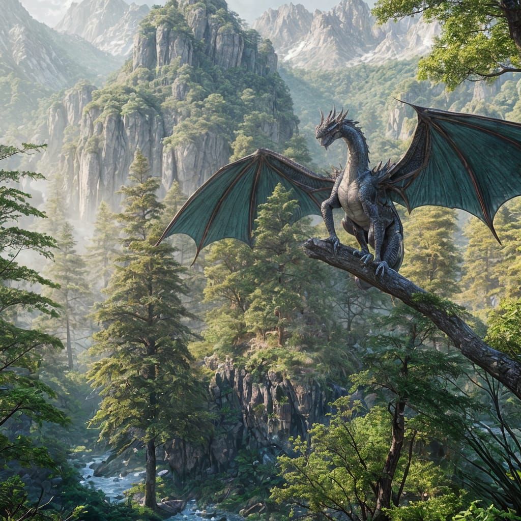 Fey Dragon in Ancient Forest: 3D Anime Art - AI Art