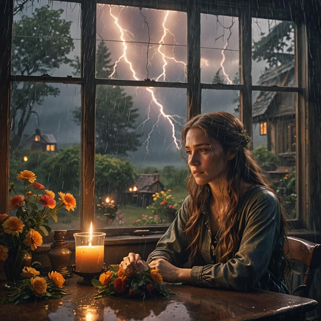 long haired woman crying sitting next to window rain lightning storm ...