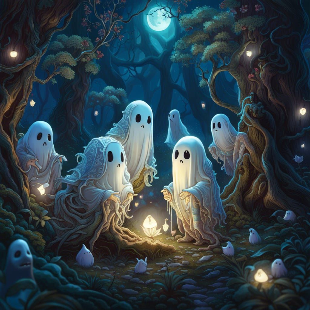 adorable ghosts enjoying a game of hide-and-seek in a moonlit forest ...