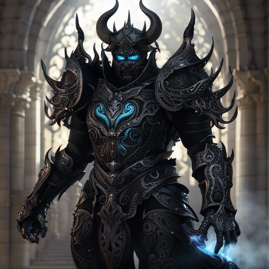 Fierce Obese Shadow Knight Demon, black obsidian armor with liquid ...