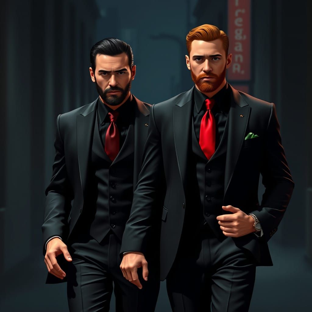 Powerful Mob Boss Walks with Young Ginger-Locked L... - AI Art