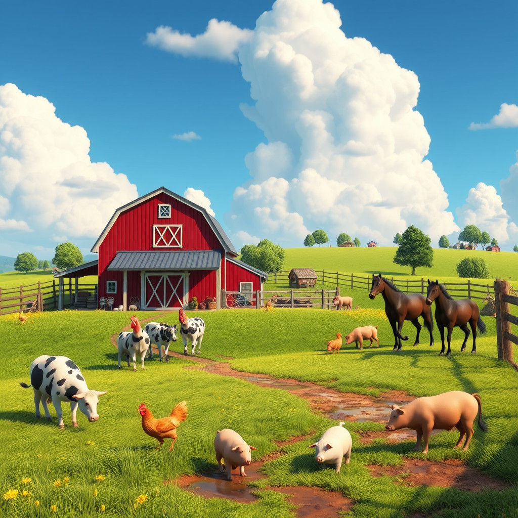 Lively Farm Scene in Vibrant 3D Cartoon Pixar Styl... - AI Art