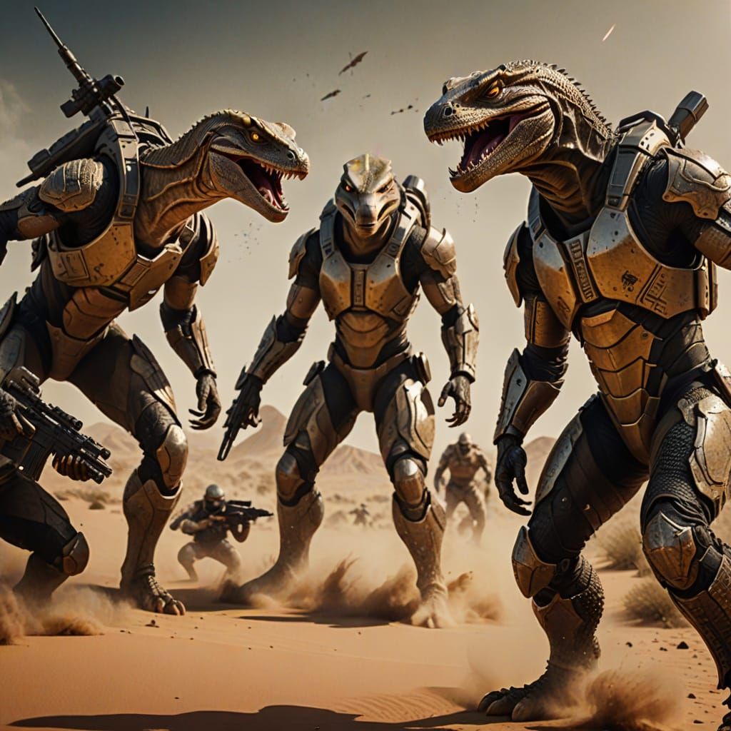 Sci-fi soldiers fighting monitor lizard soldiers in the desert