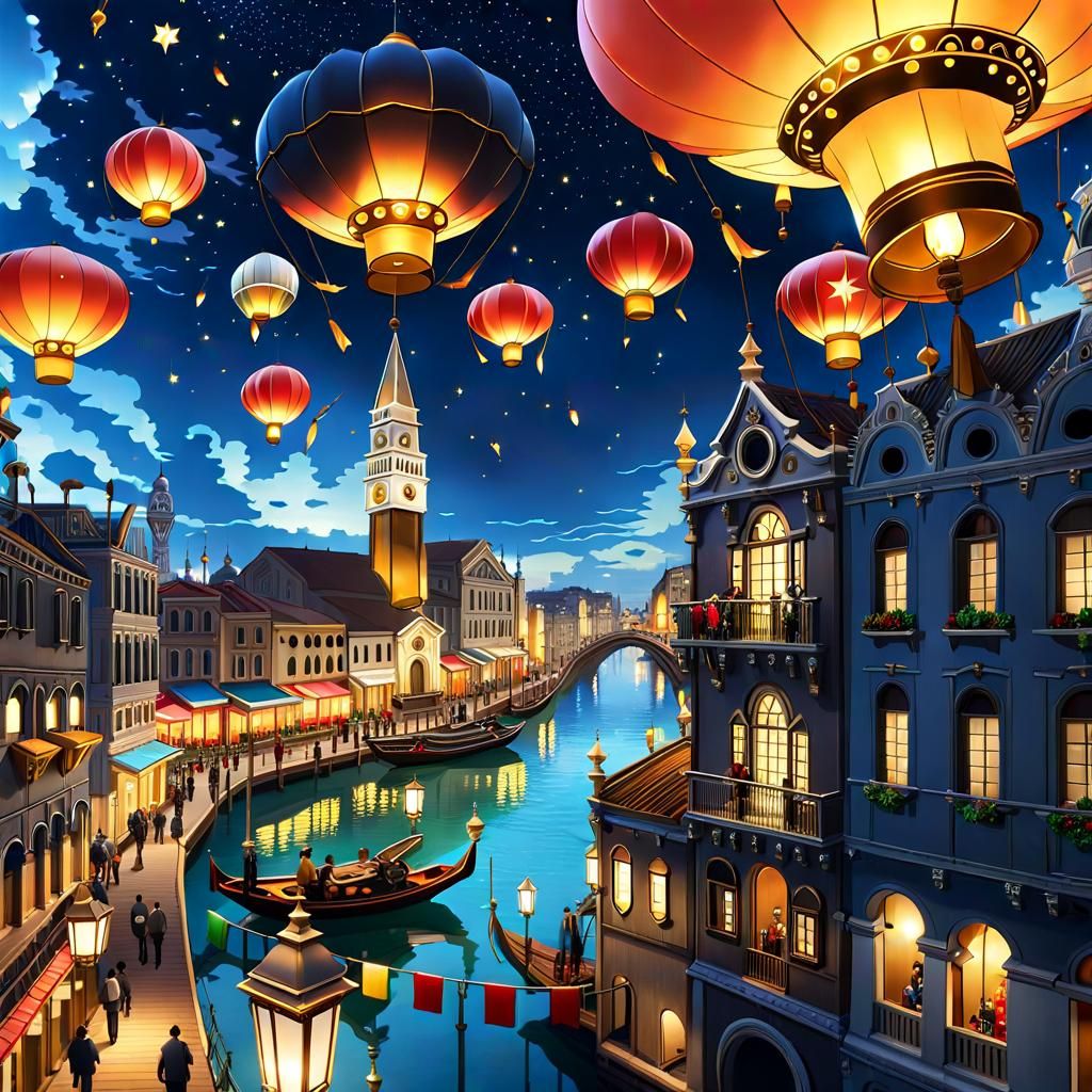 (Venetian carnival in a clockpunk city surrounded by lots of flying sky ...