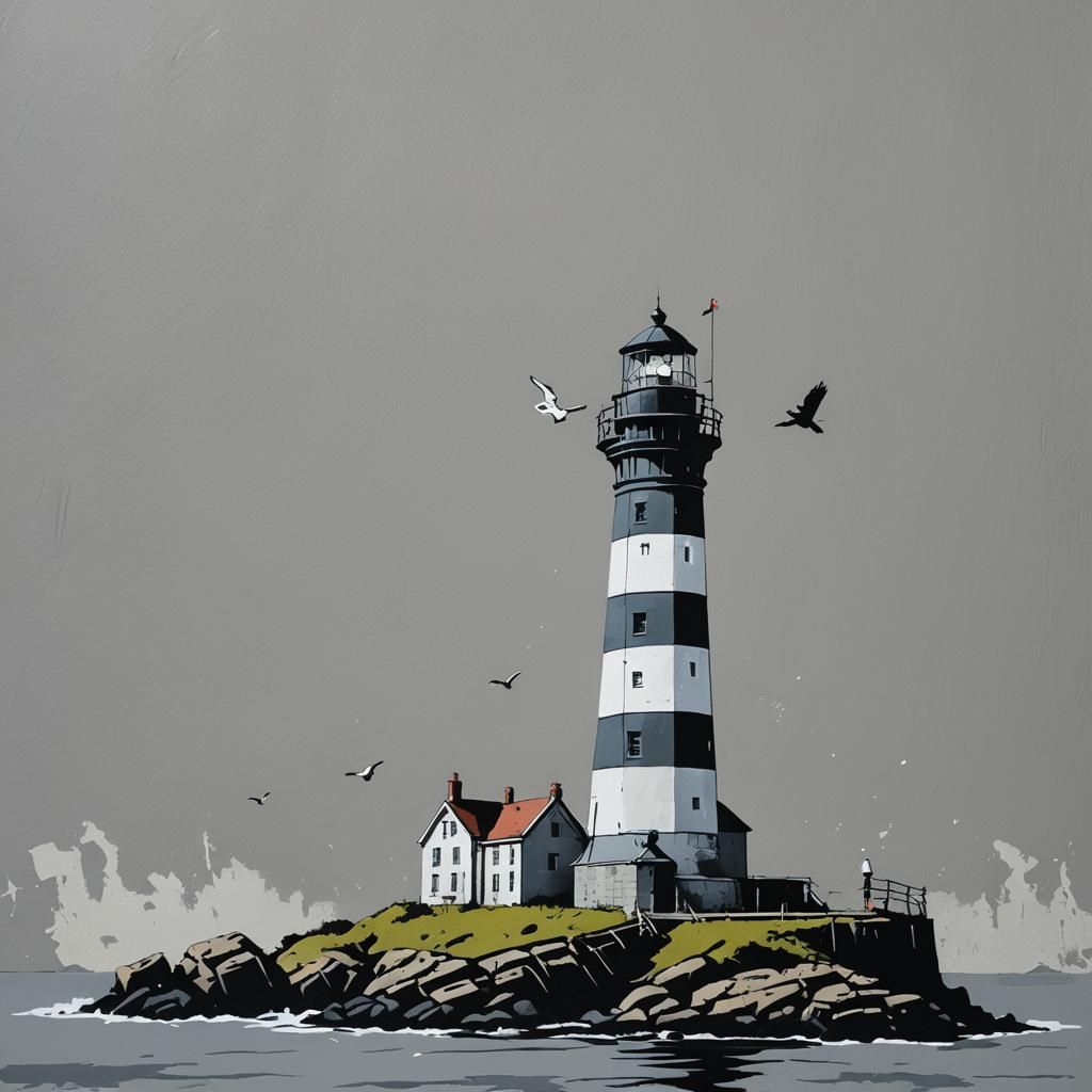 Banksy art of a Lighthouse on a grey wall - AI Generated Artwork ...