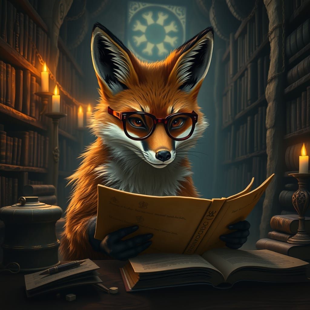 Wise Fox Studies Ancient Tomes in a Mystical Libra... - AI Art