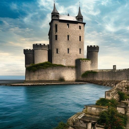 beautiful medieval castle on Sardynia on the rocks next to ocean ...