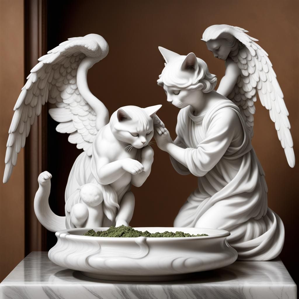 cat Angel bowl of catnip Michelangelo marble - AI Generated Artwork ...