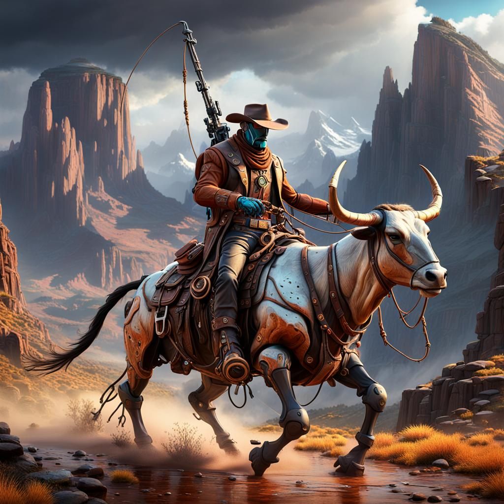 Futuristic Robot Cowboy roping, A Longhorn in a old western style ...