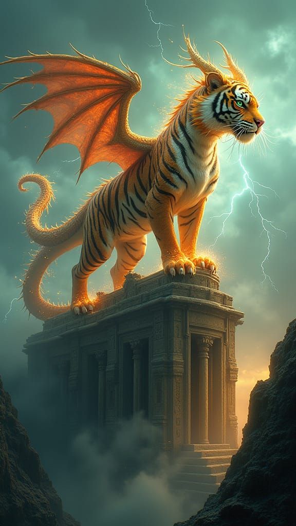 Mystical Tiger-Dragon Hybrid in Iridescent Splendo... - AI Art