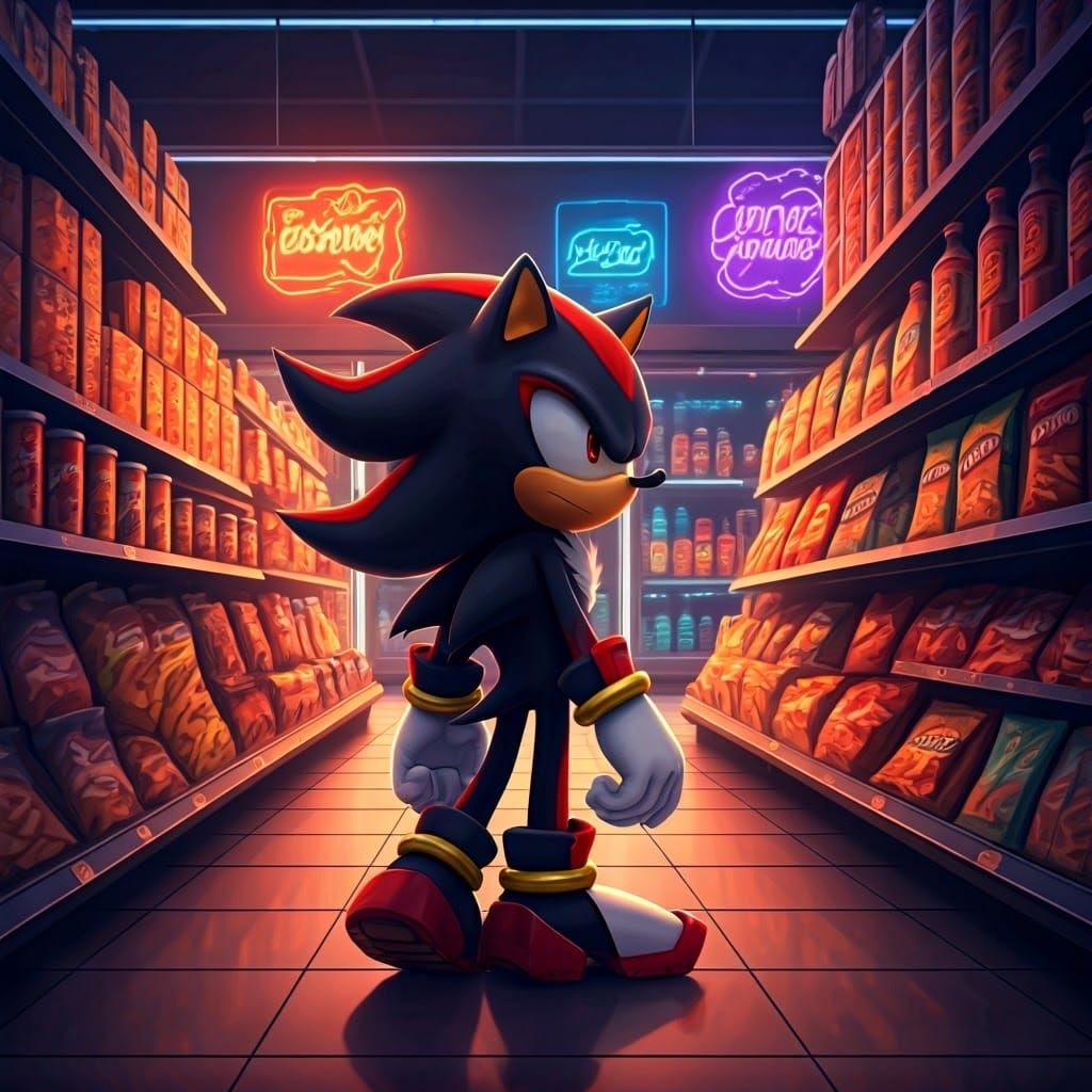 Shadow the Hedgehog Enters a Neon Convenience Stor... - AI Art