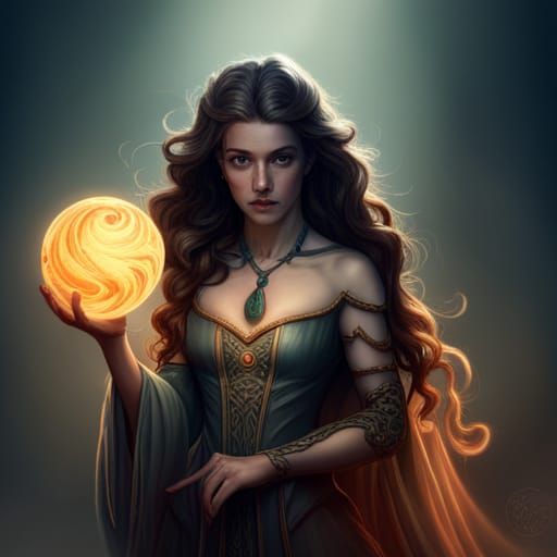 lady Wizard with long curly hair and intricately decorated robes holding a glowing orb ...