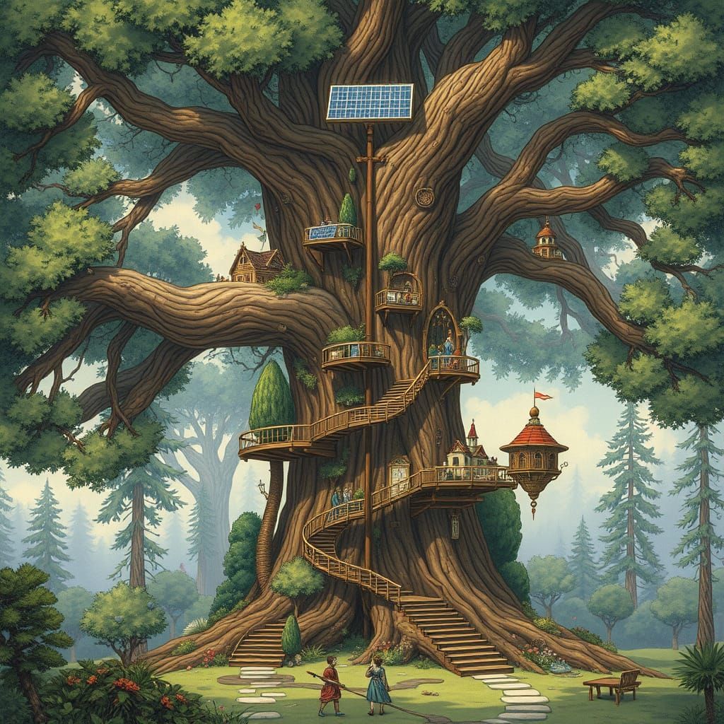 A solarpunk settlement built inside a giant sequoia tree