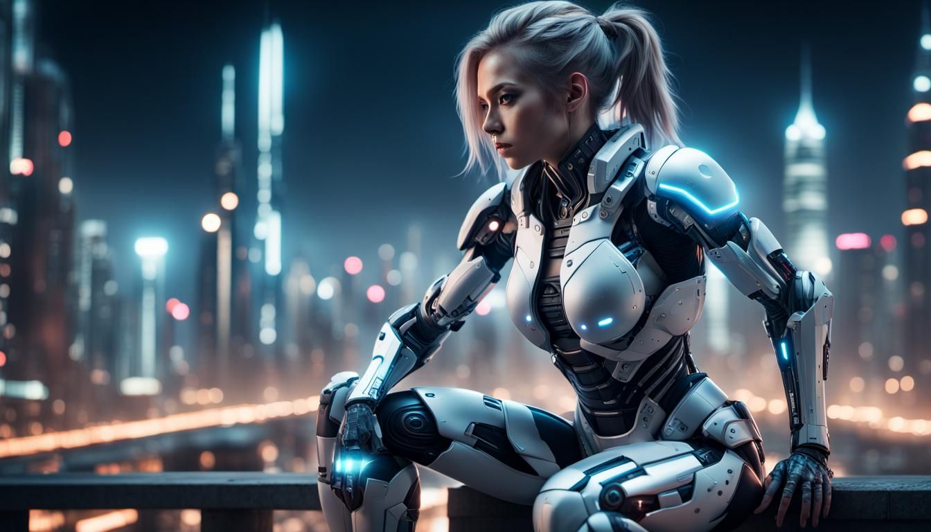 Beautiful female cyborg crouching on a ledge facing away from camera ...