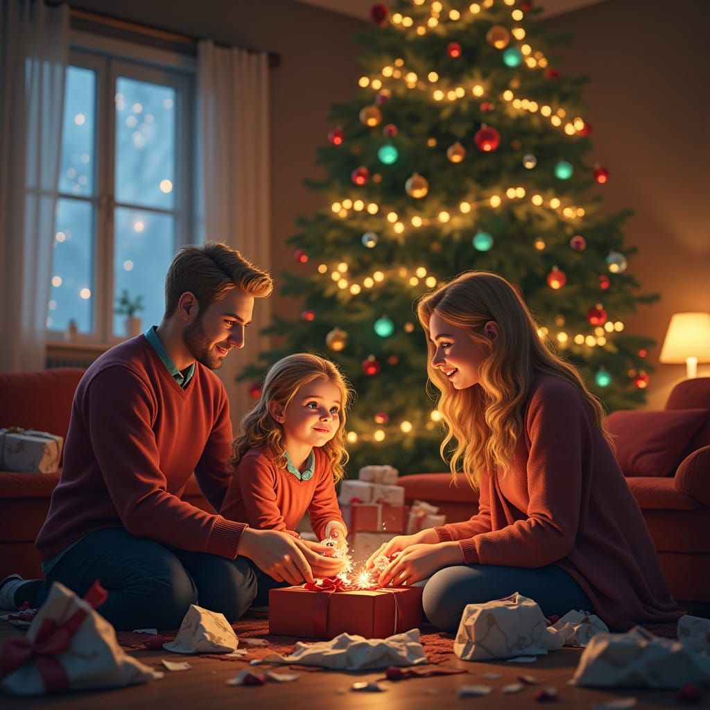 Christmas - Warm Family Christmas Scene with Majestic Tree