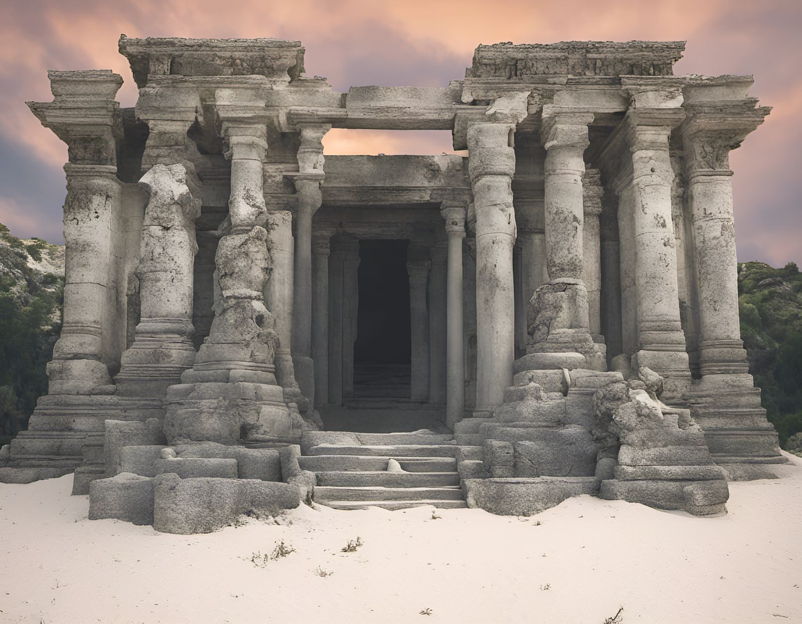 Crumbling ancient temple in the white sand - AI Generated Artwork ...