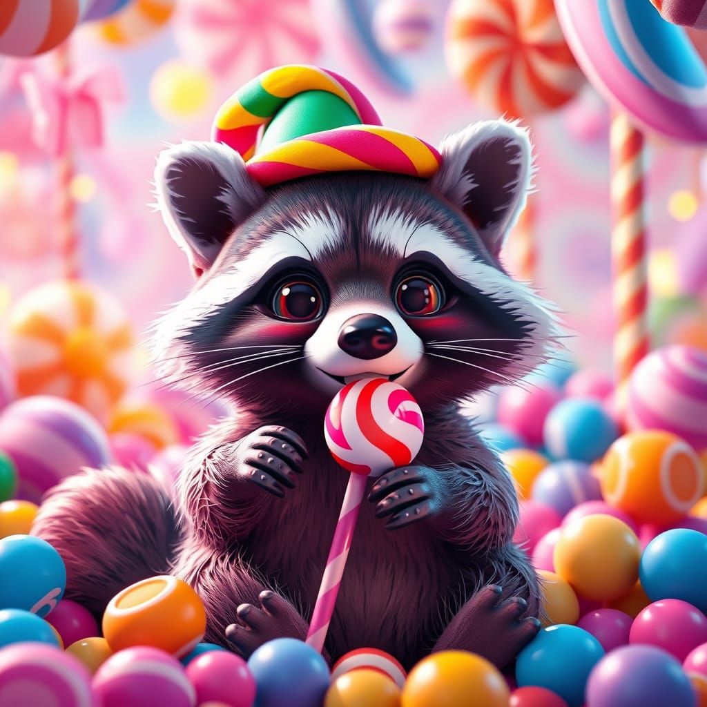 Whimsical Candy Raccoon in Colorful Candyland - AI Art