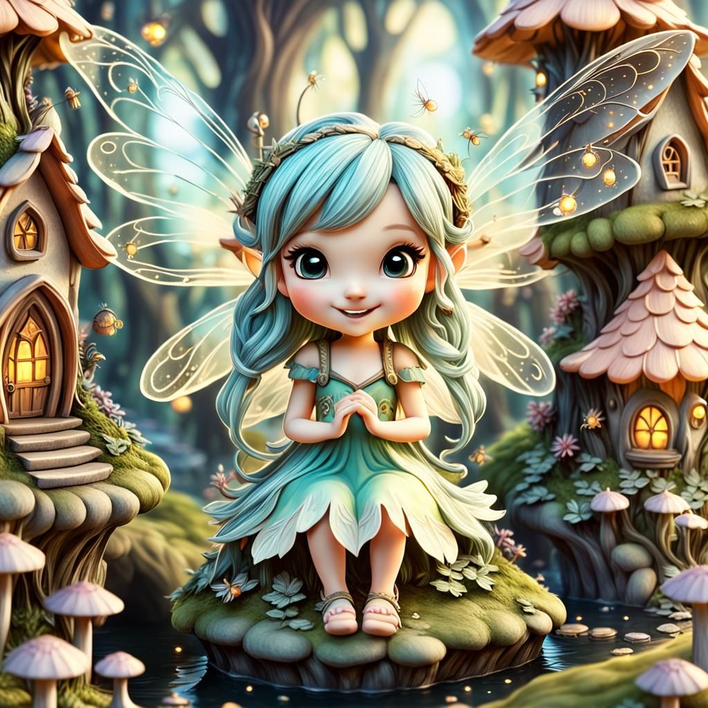 an adorable chibi young smiling fairy in 3d extremely high intricate ...