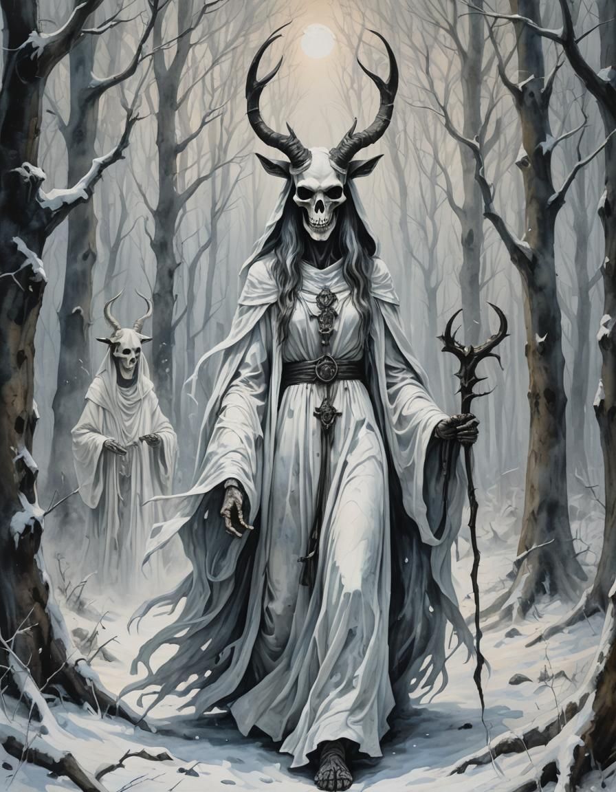 all white and light grey ghostly misty veiled winter witch folk-horror ...