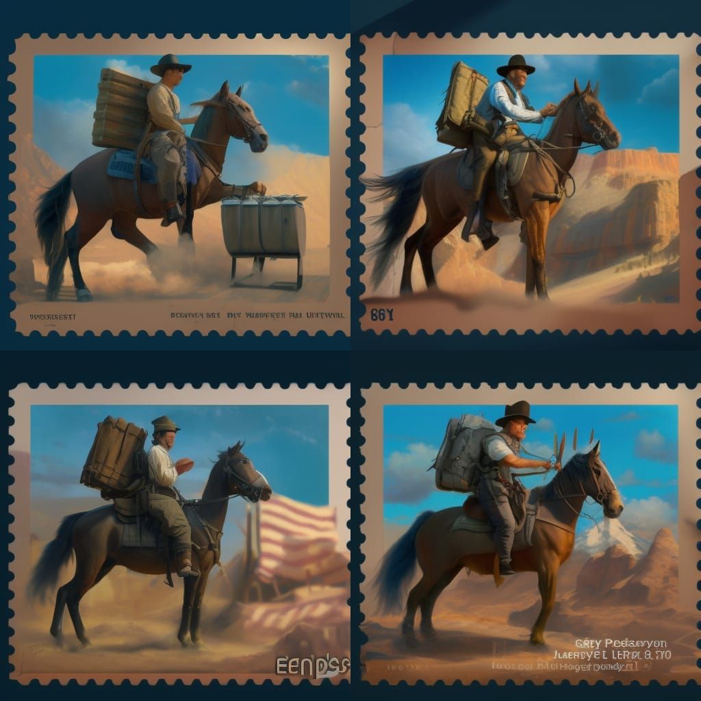 full view postage stamp of pony express postal worker, oil painting by ...