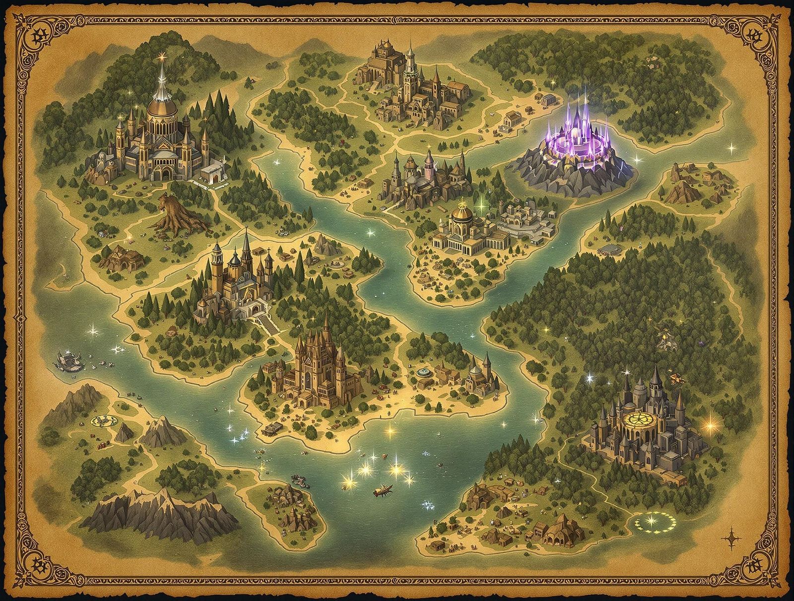 A highly detailed fantasy map of a mystical world. The map should be in ...