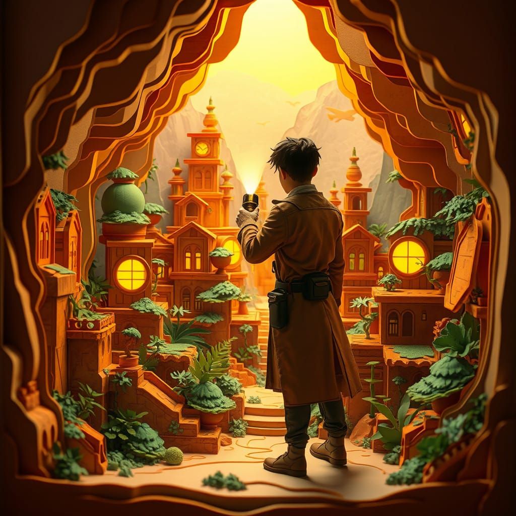 "SolarPunk Cave Model" - Solarpunk Cityscape in Layered Pape...