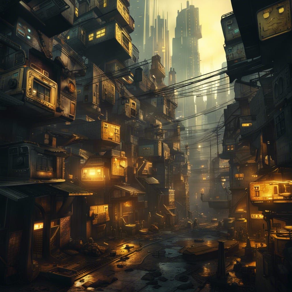 slums of a hot polluted cyberpunk city with some metallic yellow detail ...