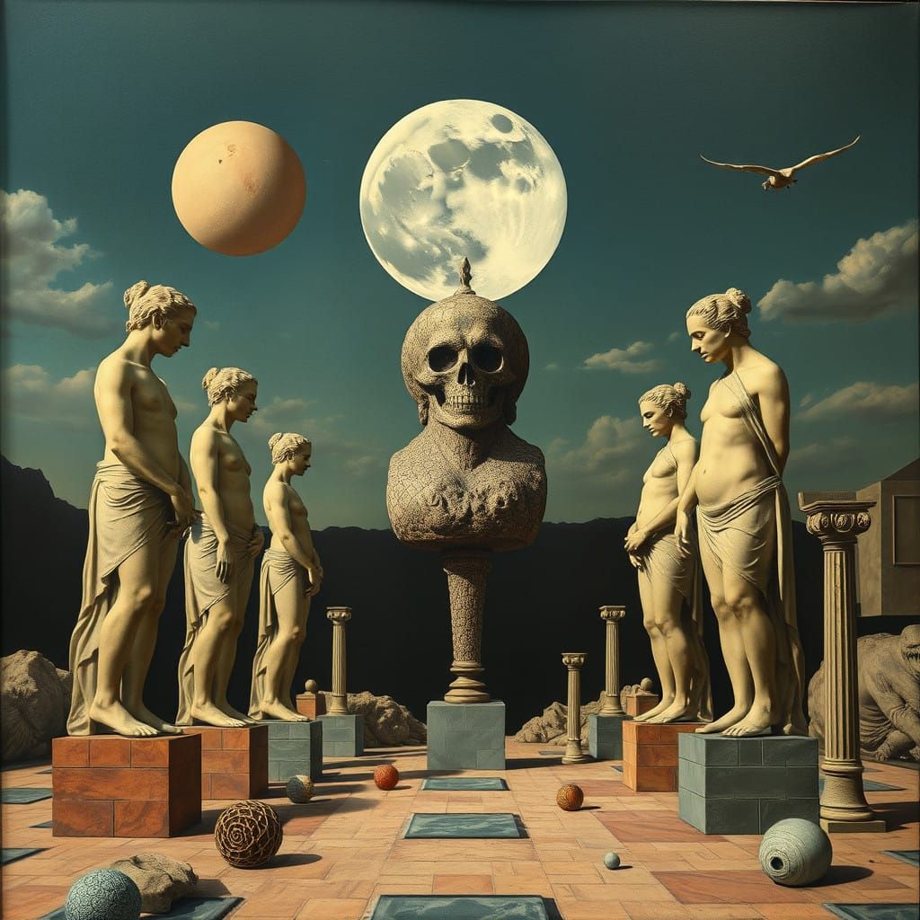 surrealism, De Chirico, statues, moon, bizarre objects, hyperdetailed ...
