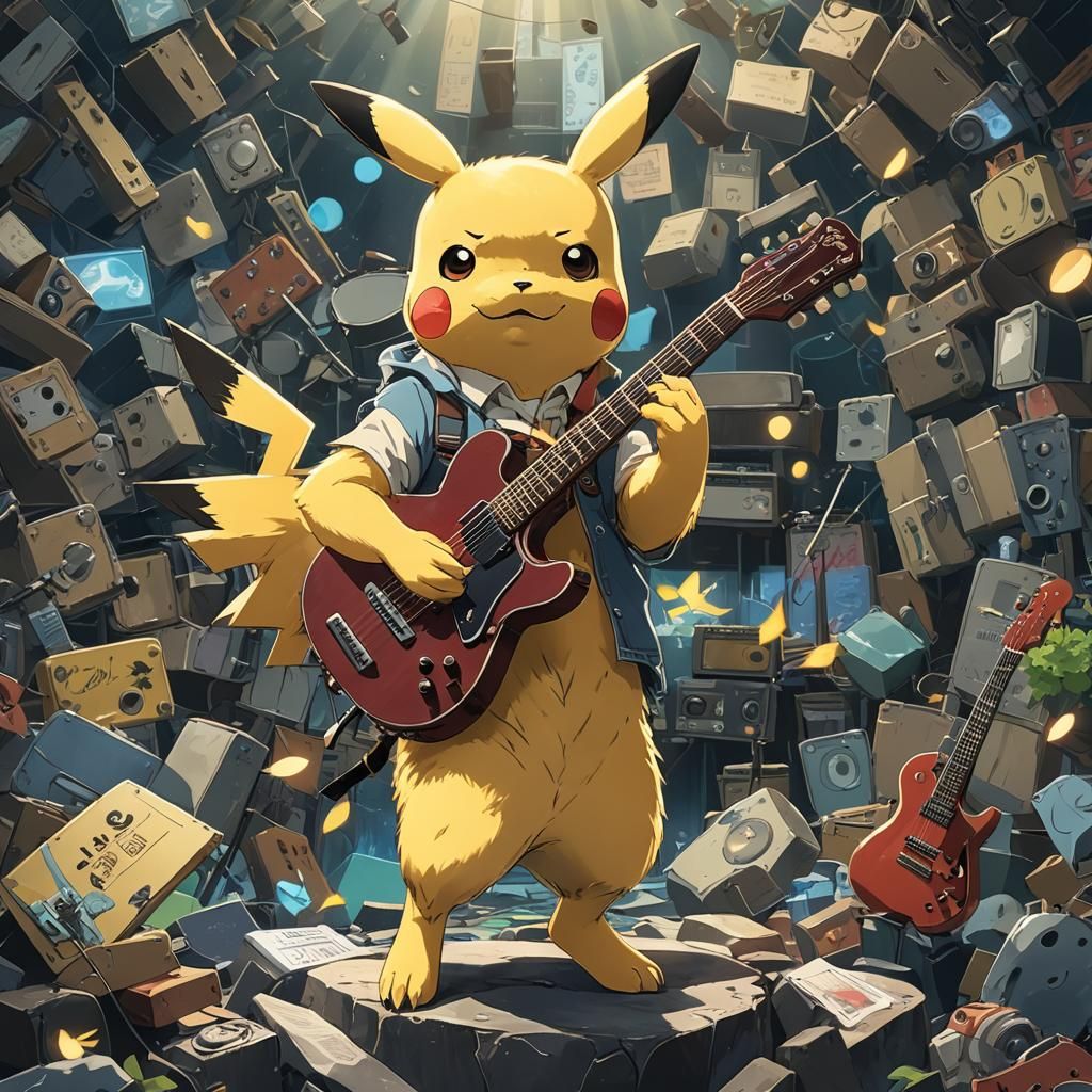 Pikachu in Rockstar Attire Plays Electric Guitar - AI Art