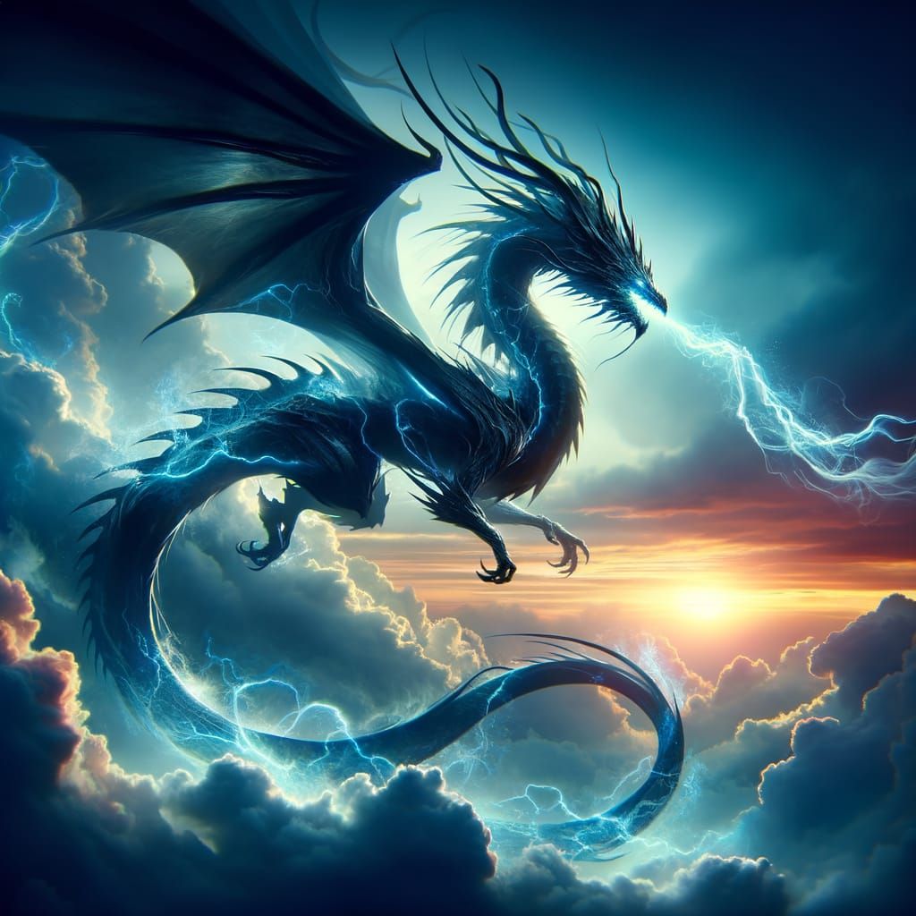 lightnig dragon - Mystic Dragon Silhouette Against Sunset Sk...