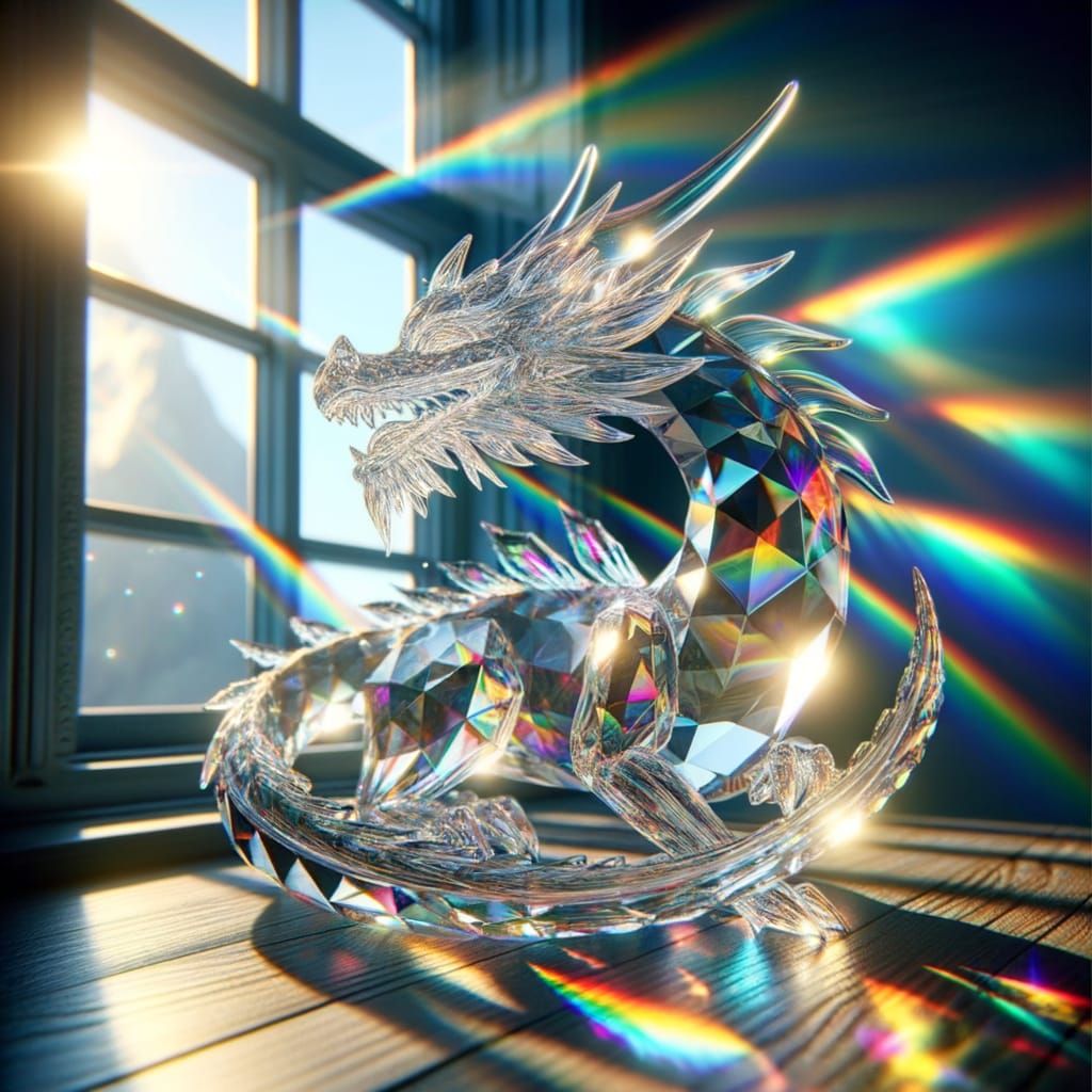 On a window sill sits a Delicate crystal dragon radiating light through ...