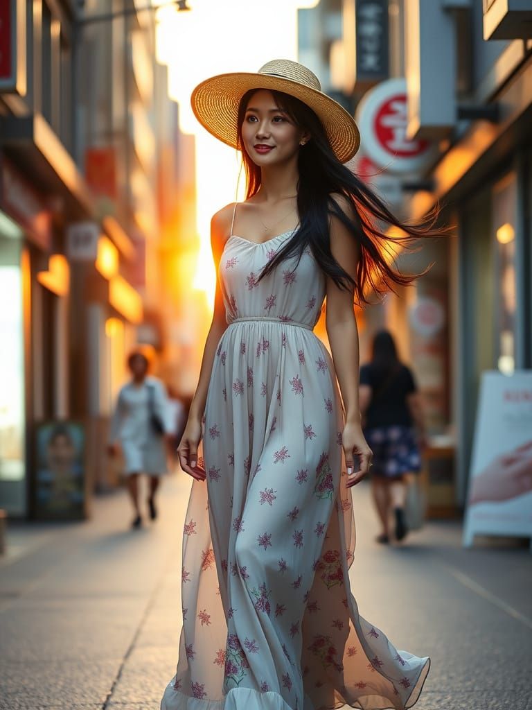 Ethereal Japanese Woman Strolls Tokyo Fashion Stre... - AI Art