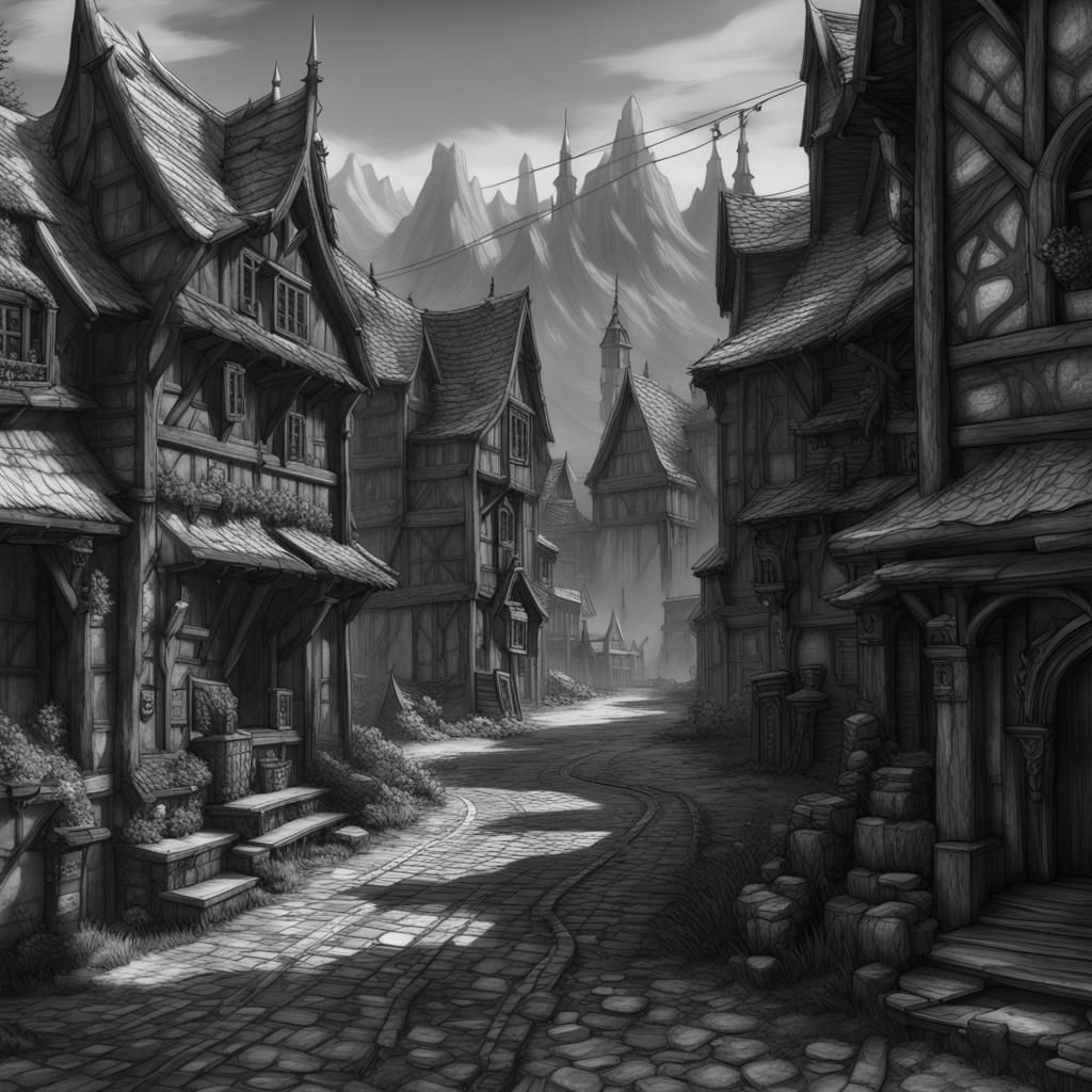 skyrim, whiterun city, streets, detailed, intricate. Black and white drawing in the style of the ...