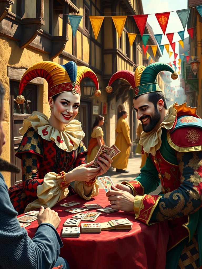 A beautiful medieval female jester plays poker in a medieval street ...