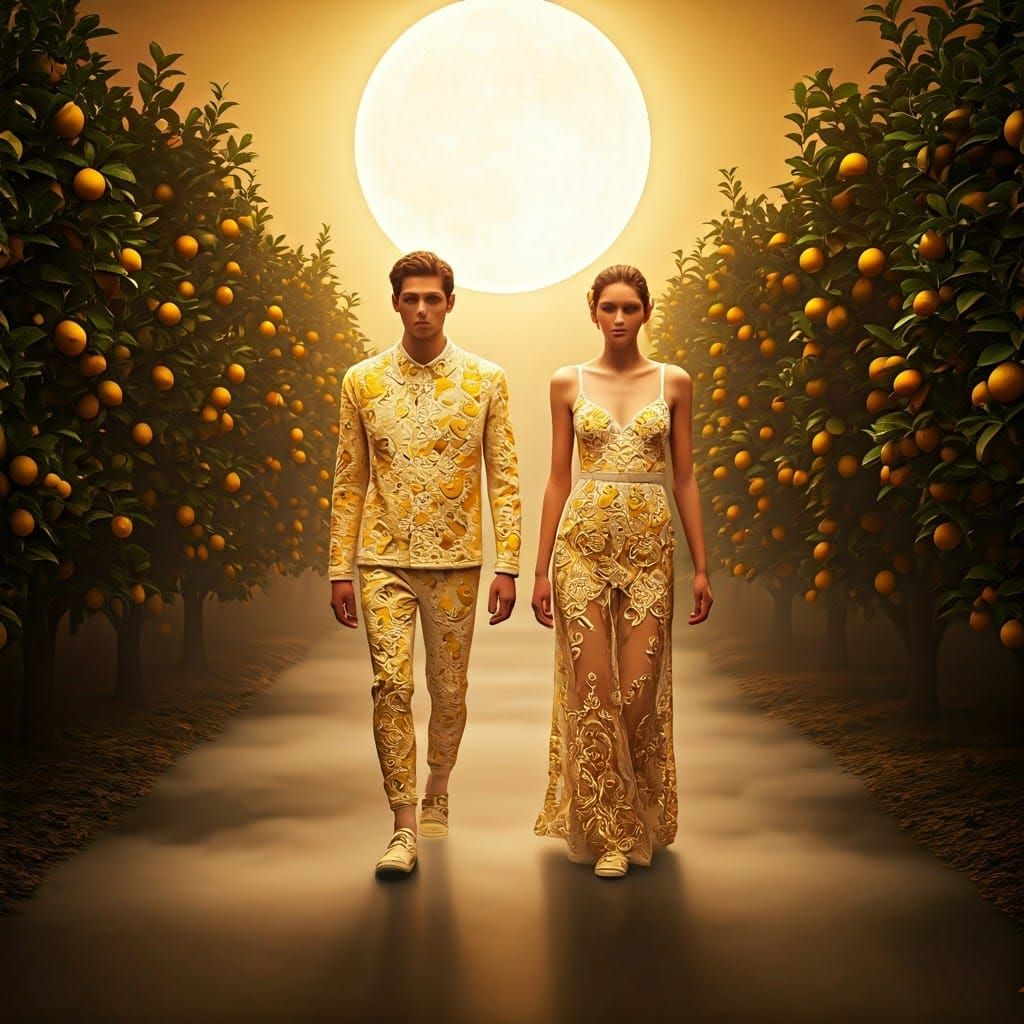 Ethereal Models Stroll Down a Dreamlike Lemon Grov... - AI Art