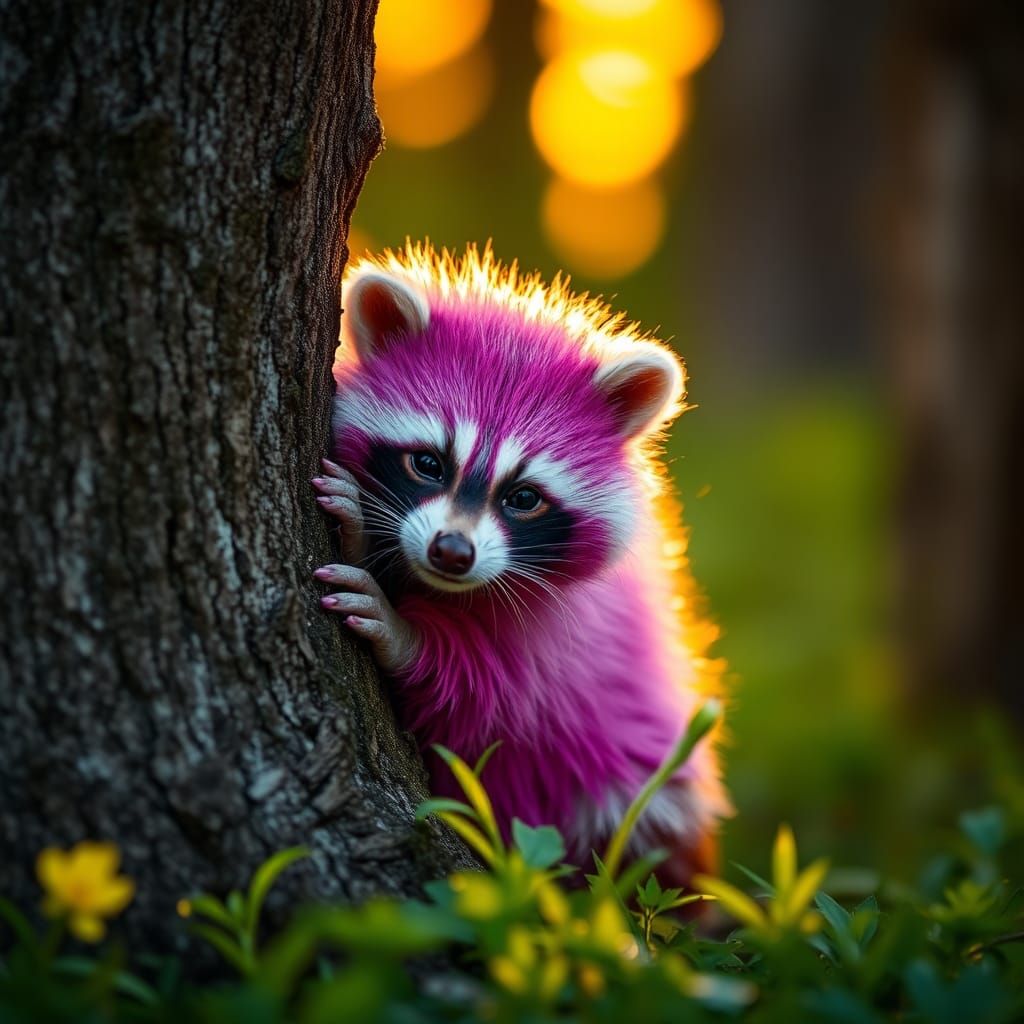 Wildlife Moment: Curious Lilac-Pink Raccoon in Sun... - AI Art