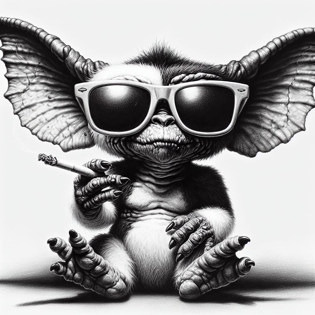 Gremlin - Small pesky little monster in black and white with pointy ...