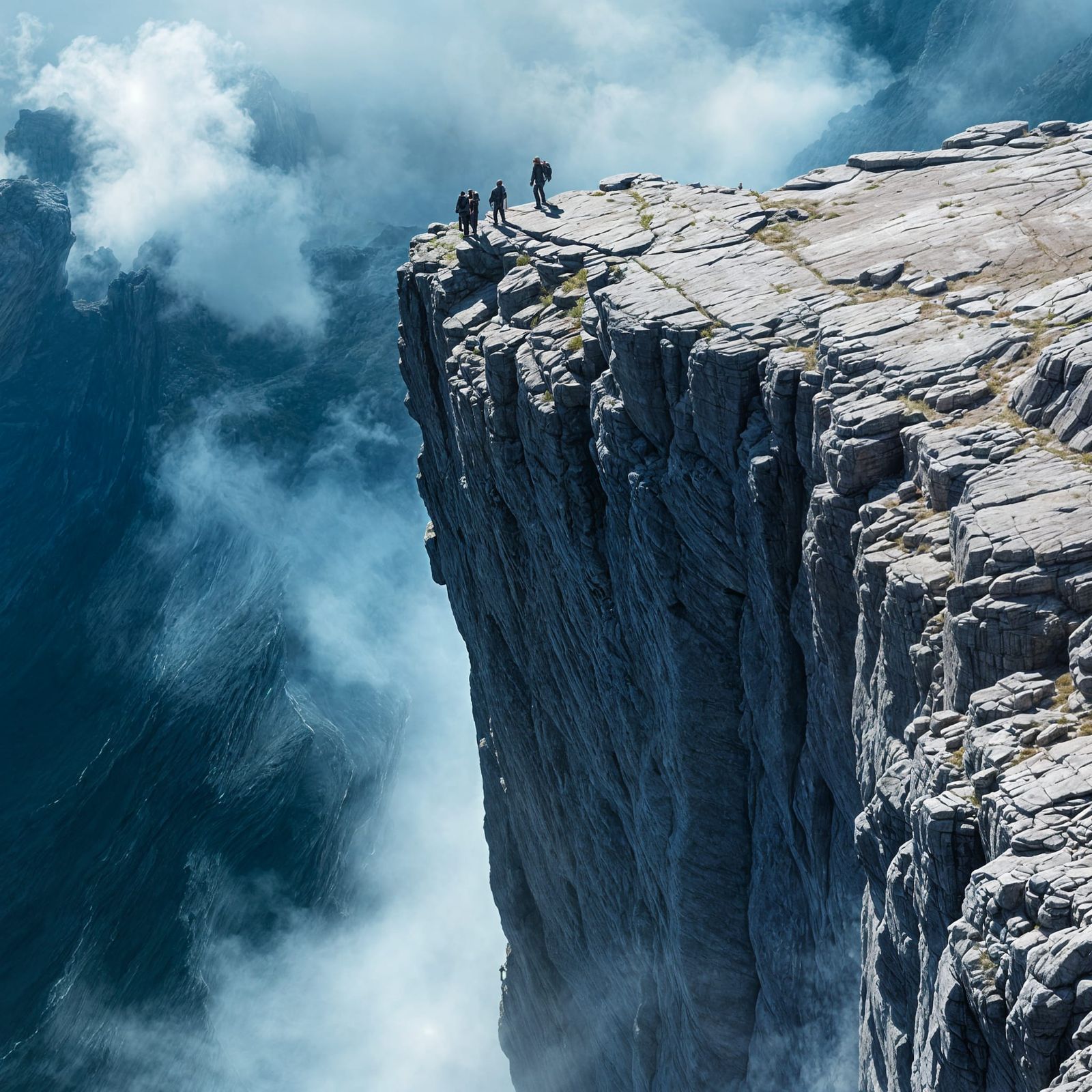 Detailed-photo. A rocky cliff with a sheer drop extends into a deep ...