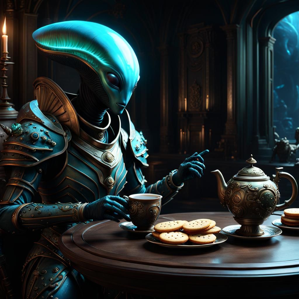 Alien having tea and biscuits - AI Generated Artwork - NightCafe Creator