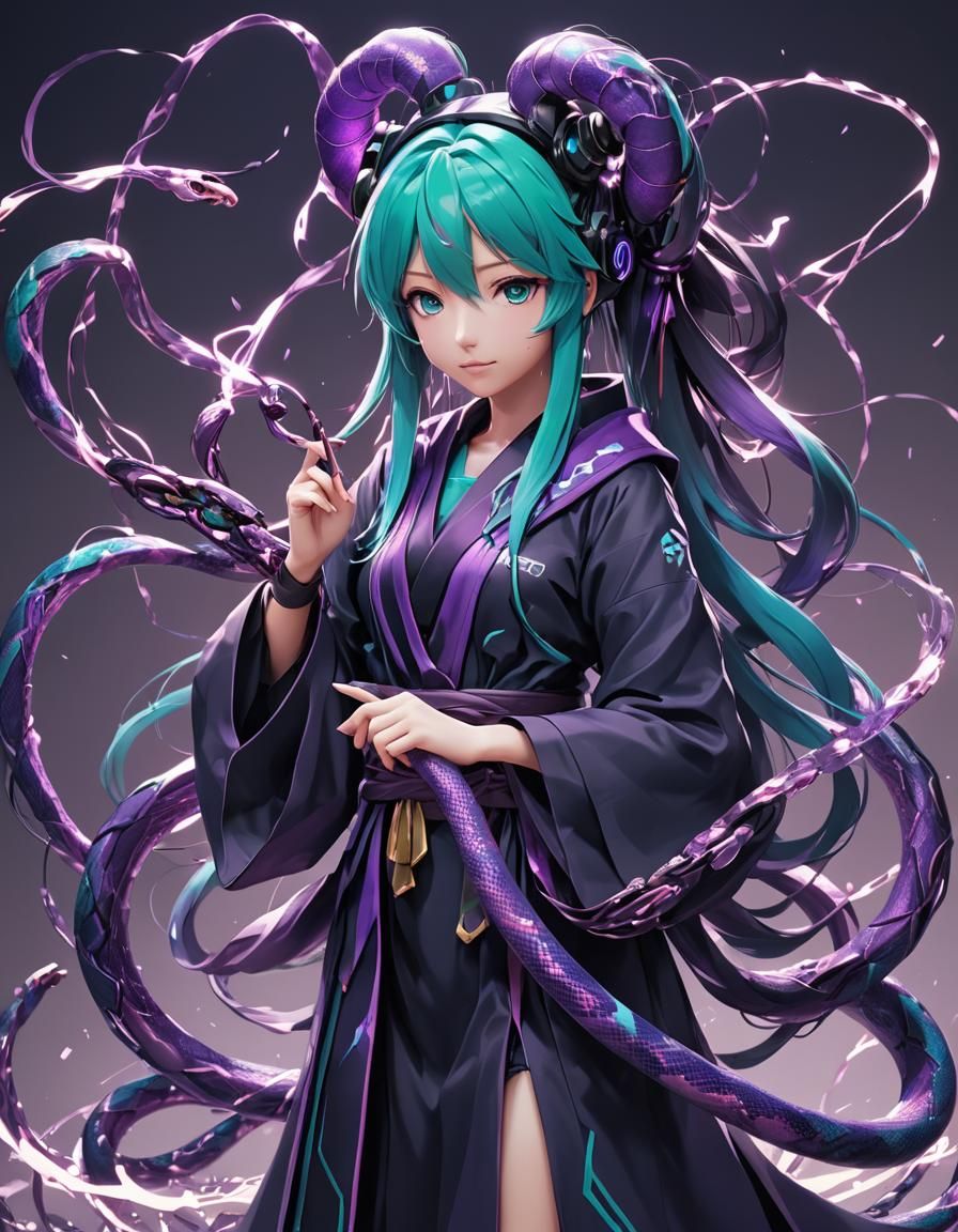 Hatsune Miku, holding a purple electric colored snake wearing dark ...
