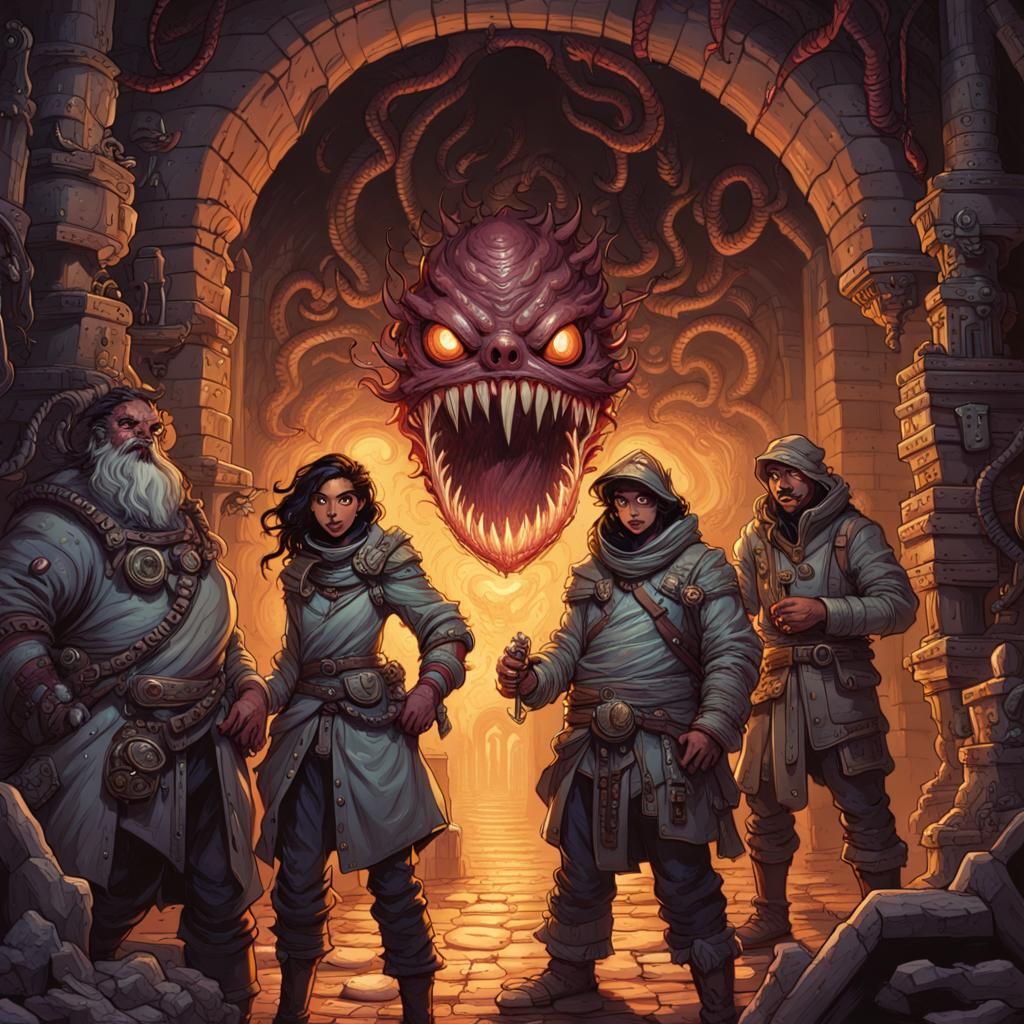A group of adventurers standing in front of a Dungeons & Dragons ...