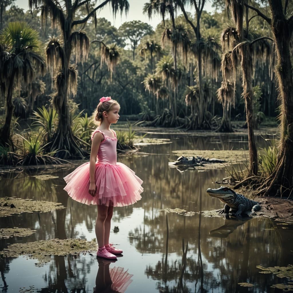 A sissy dressed in a pink ballerina tutu stands on a tiny island ...