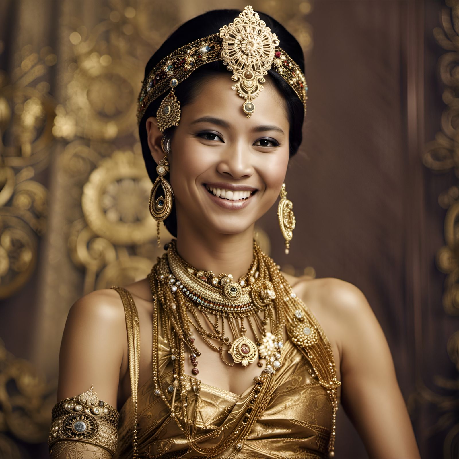 Smiling Javanese princess with golden sarong and lots of jewelry - AI ...